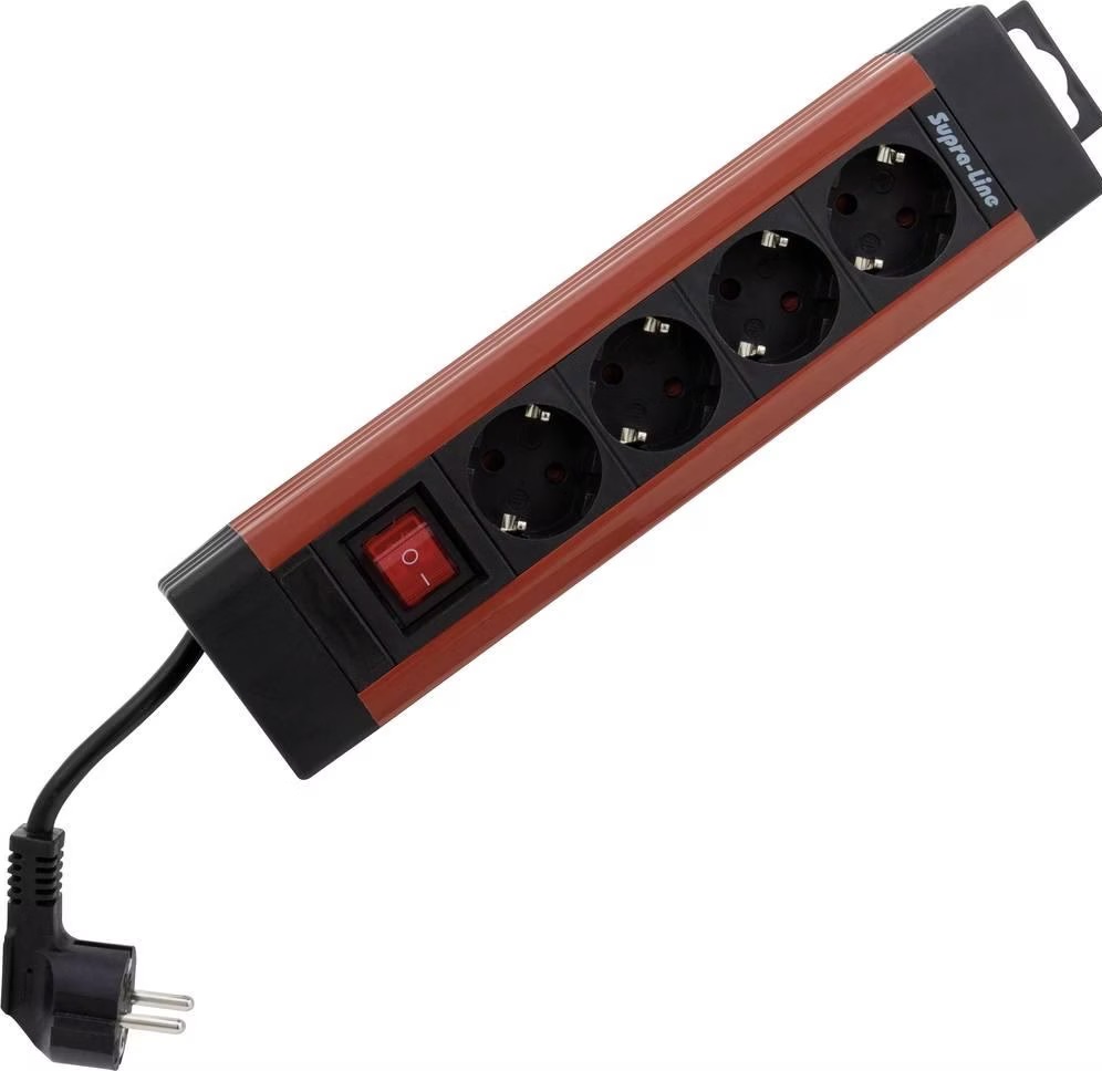 REV 1,90m Netsnoer Power Strip met Schakelaar Zwart/Rood 4 (4 x, CEE 7/ ...